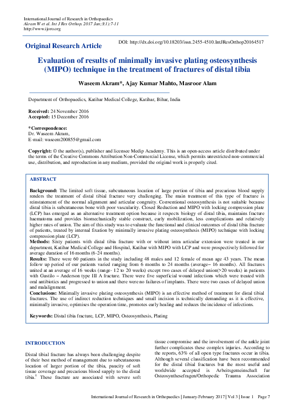 Evaluation of results of minimally invasive plating osteosynthesis ...