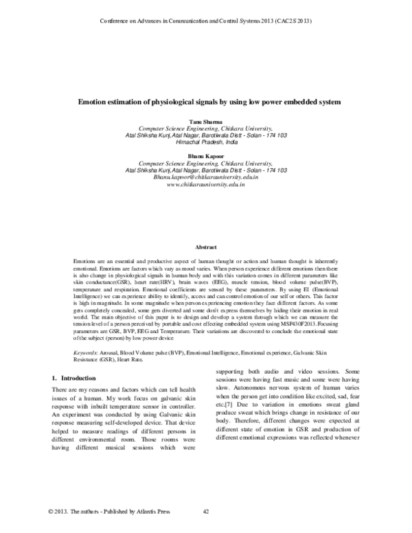 Pdf Emotion Estimation Of Physiological Signals By Using Low Power Embedded System