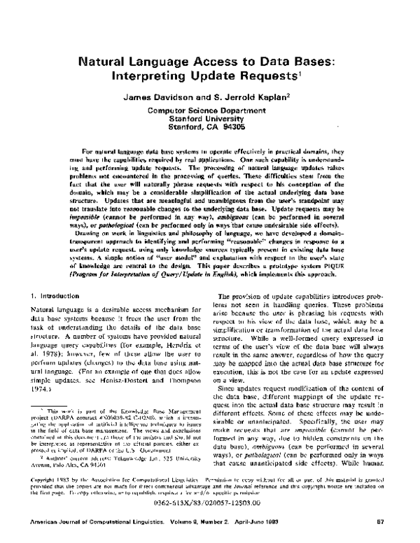 (PDF) Natural language access to data bases: interpreting update requests