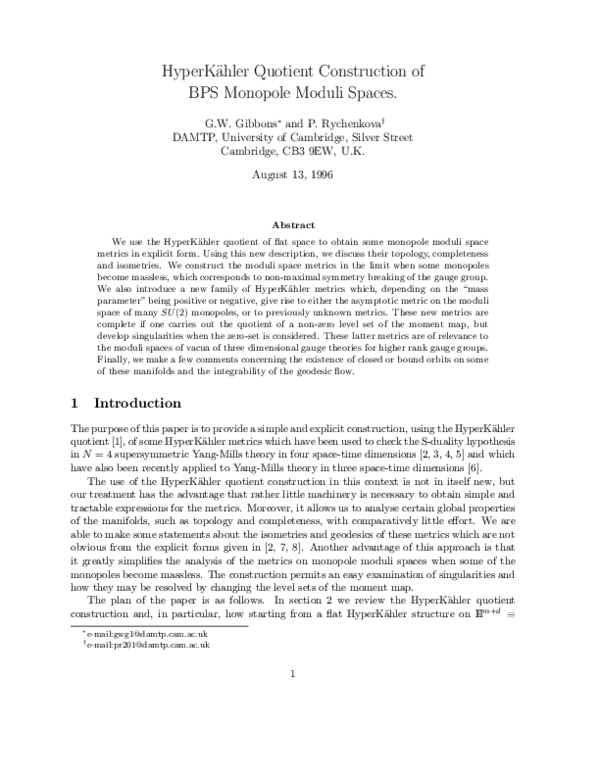 (PDF) HyperKähler Quotient Construction of BPS Monopole Moduli Spaces