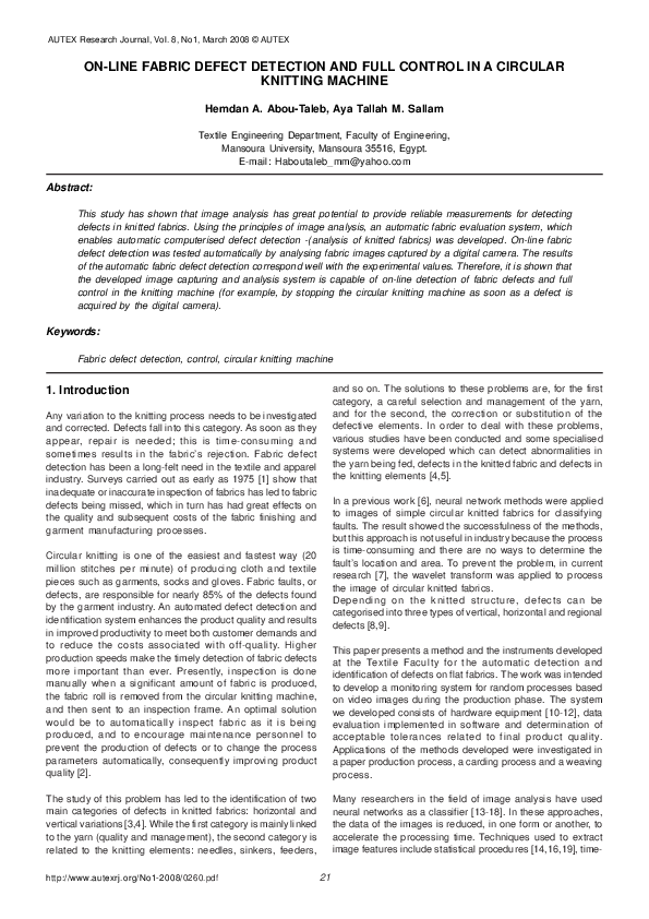 Pdf On Line Fabric Defect Detection And Full Control In A Circular