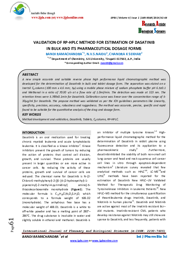 (PDF) Validation of RP-HPLC Method for Estimation of Dasatinib in Bulk and Its Pharmaceutical ...
