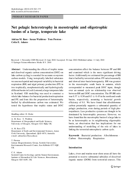 (PDF) Net pelagic heterotrophy in mesotrophic and oligotrophic basins ...