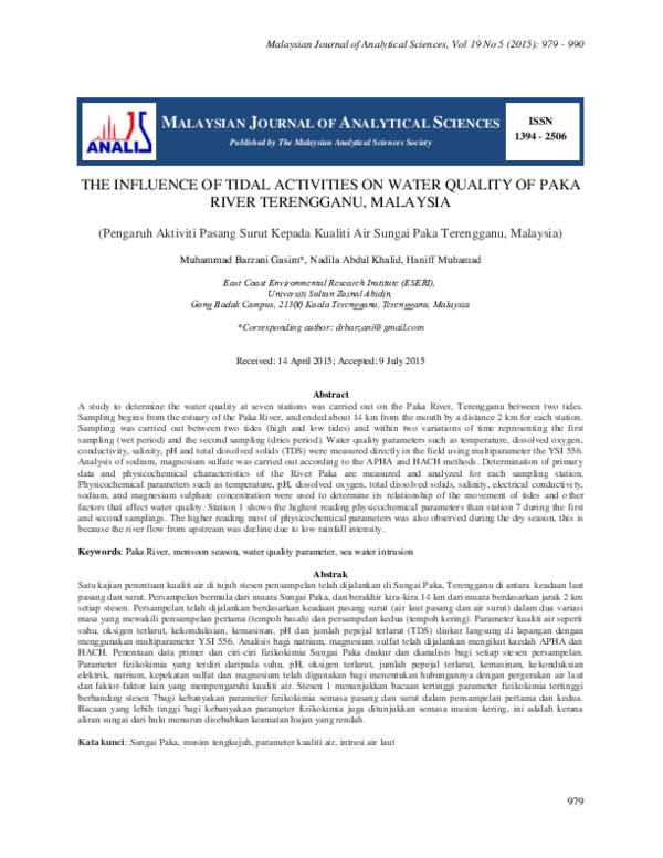 (PDF) THE INFLUENCE OF TIDAL ACTIVITIES ON WATER QUALITY OF PAKA RIVER ...