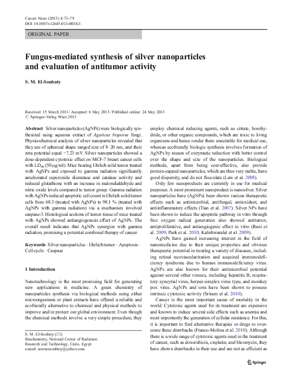 (PDF) Fungus-Mediated Synthesis of Silver Nanoparticles and Their Immobilization in the Mycelial ...