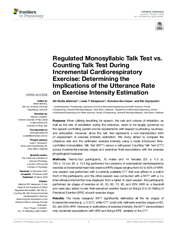 (PDF) Regulated Monosyllabic Talk Test vs. Counting Talk Test During ...