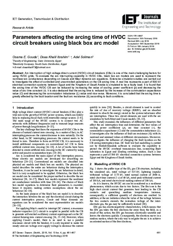 (PDF) Parameters affecting the arcing time of HVDC circuit breakers using black box arc model