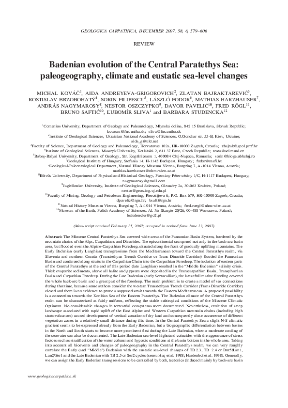 (PDF) Badenian evolution of the Central Paratethys Sea: paleogeography ...
