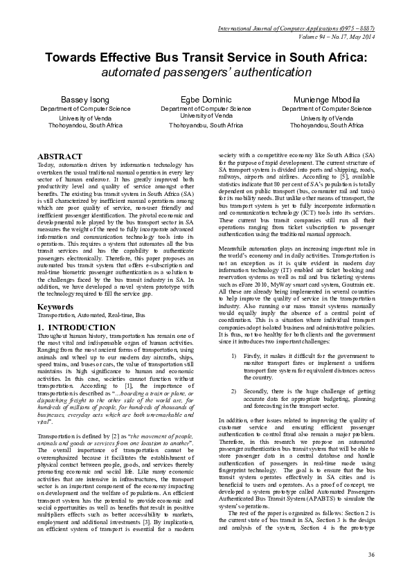 (PDF) Towards Effective Bus Transit Service in South Africa: Automated Passengers' Authentication