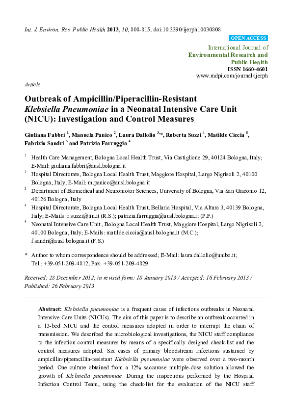 (PDF) Outbreak of Ampicillin/Piperacillin-Resistant Klebsiella ...