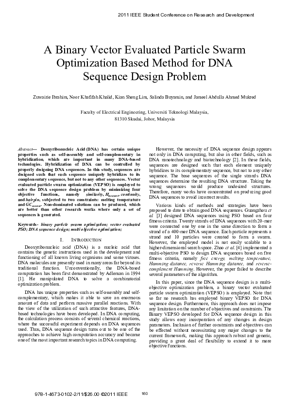 Pdf A Binary Vector Evaluated Particle Swarm Optimization Based Method For Dna Sequence Design