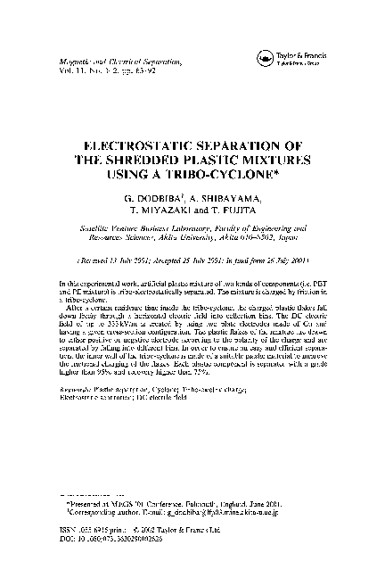 (PDF) Electrostatic Separation of the Shredded Plastic Mixtures Using A Tribo-Cyclone