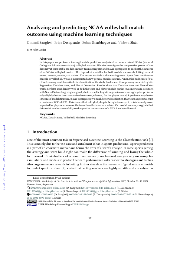 (PDF) Analyzing and predicting NCAA volleyball match outcome using ...