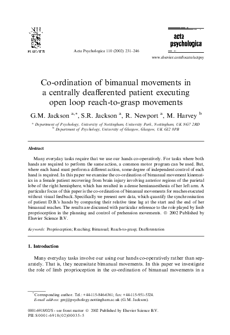 (PDF) Co-ordination of bimanual movements in a centrally deafferented ...