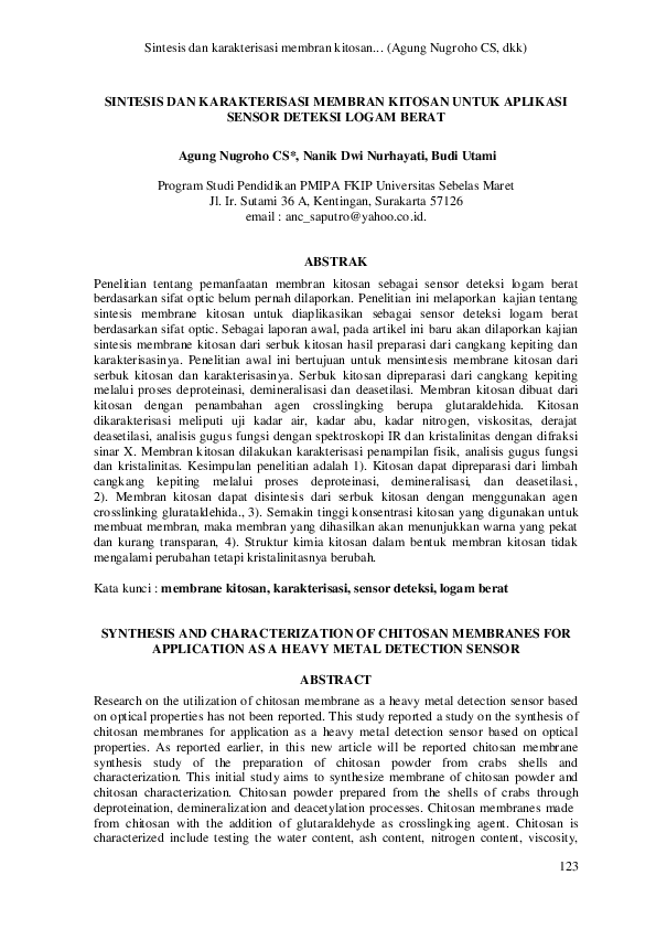 (PDF) Sintesis Dan Karakterisasi Membran Kitosan Untuk Aplikasi Sensor ...