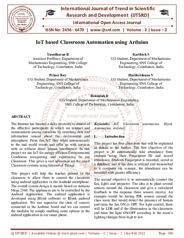 Pdf Iot Based Classroom Automation Using Arduino