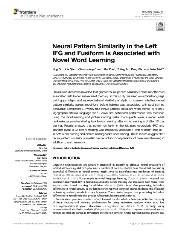 (PDF) Neural Pattern Similarity in the Left IFG and Fusiform Is Associated with Novel Word ...