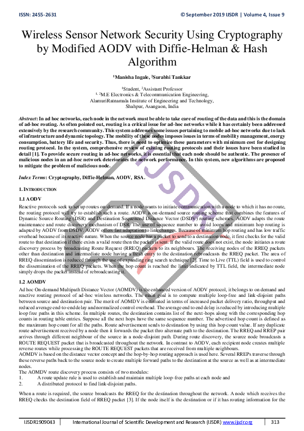 (PDF) Wireless Sensor Network Security Using Cryptography by Modified AODV with Diffie-Helman ...