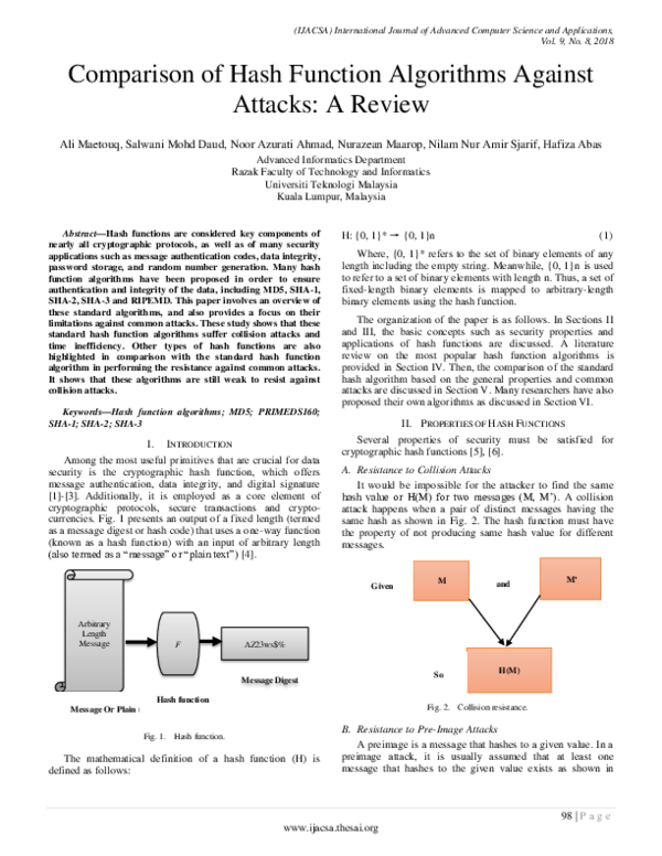 Pdf Comparison Of Hash Function Algorithms Against Attacks A Review