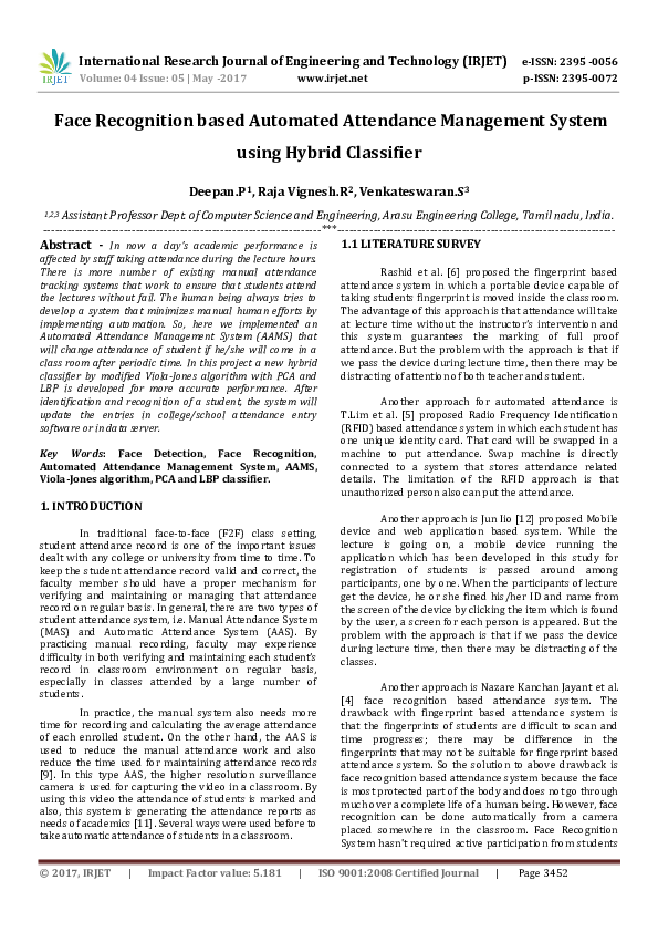 Pdf Face Recognition Based Automated Attendance Management System Using Hybrid Classifier