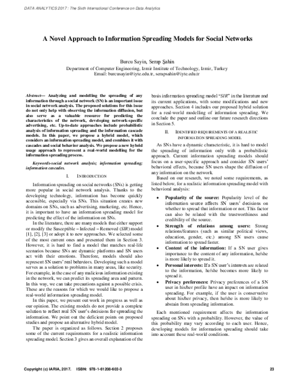 (PDF) A Novel Approach to Information Spreading Models for Social Networks