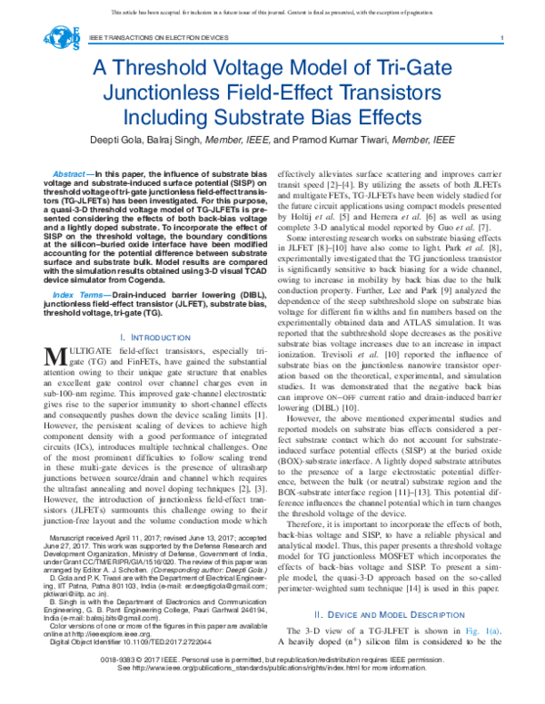 (PDF) A Threshold Voltage Model of Tri-Gate Junctionless Field-Effect Transistors Including ...
