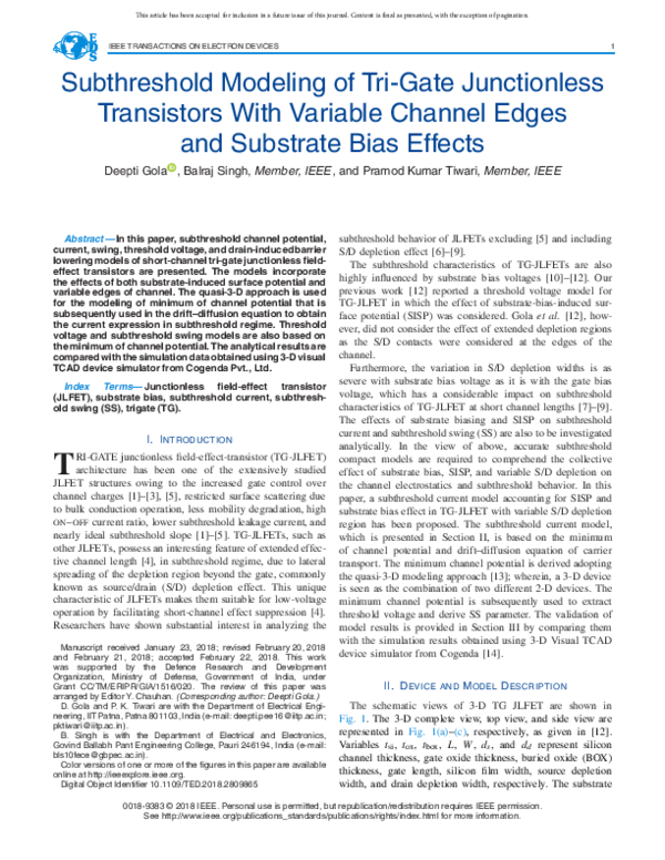 (PDF) Subthreshold Modeling of Tri-Gate Junctionless Transistors With ...