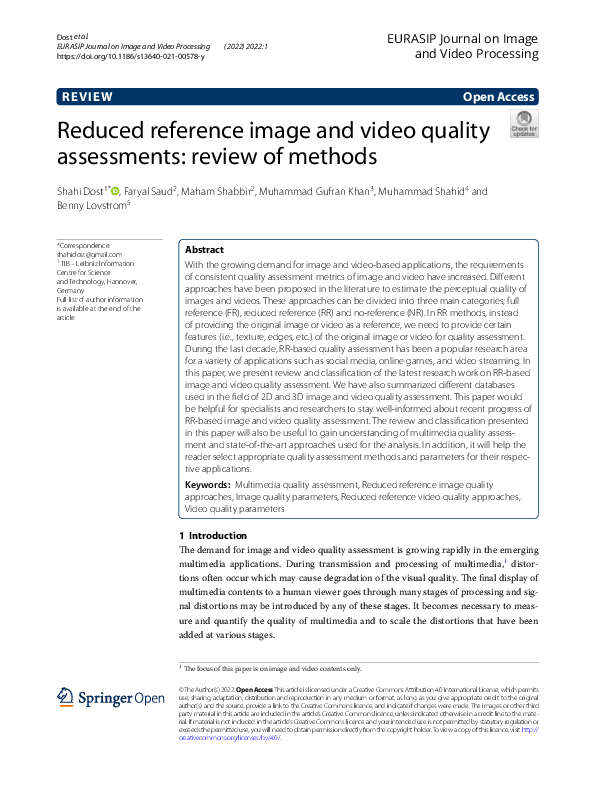 (PDF) Reduced reference image and video quality assessments: review of methods