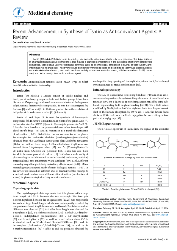 (PDF) Recent Advancement in Synthesis of Isatin as Anticonvulsant ...