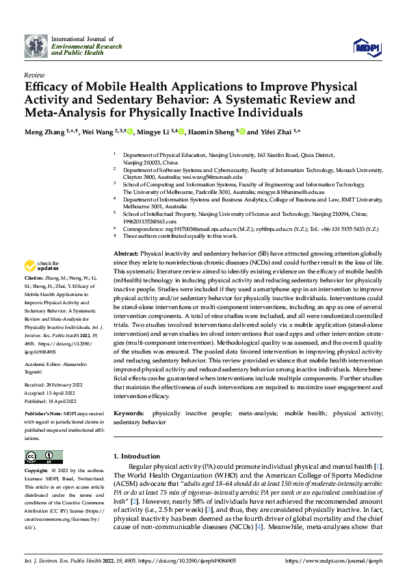 Pdf Efficacy Of Mobile Health Applications To Improve Physical Activity And Sedentary Behavior