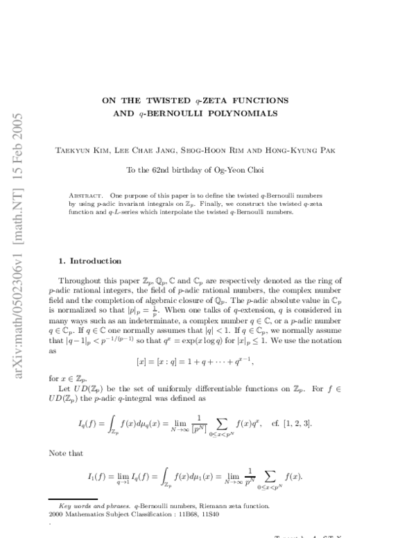 (PDF) On the twisted $q$-zeta functions and $q$Bernoulli polynomials