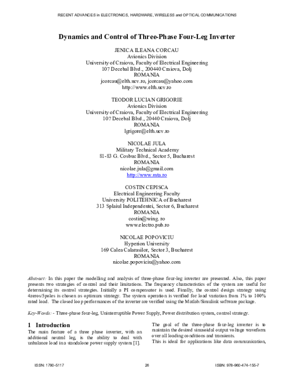 (PDF) Dynamics and control of three-phase four-leg inverter