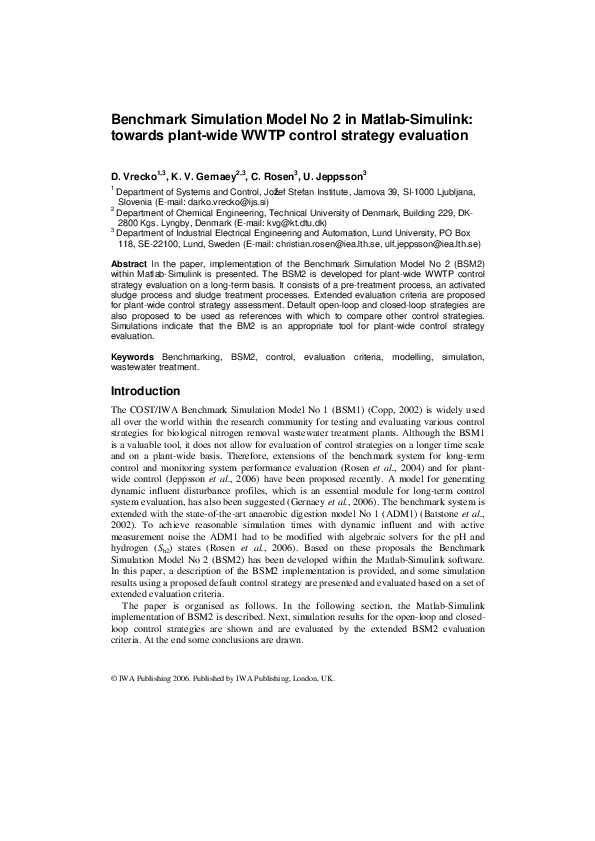 Pdf Benchmark Simulation Model No 2 In Matlab Simulink Towards Plant
