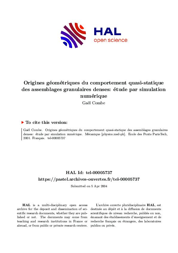 (PDF) Origines géométriques du comportement quasi-statique des ...