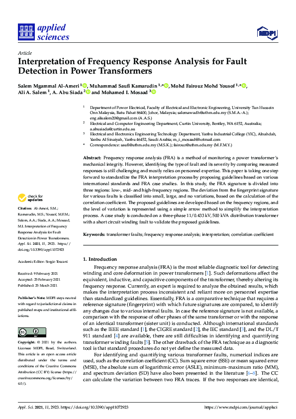 (PDF) Interpretation of Frequency Response Analysis for Fault Detection in Power Transformers