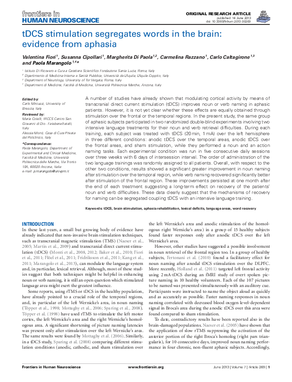 (PDF) tDCS stimulation segregates words in the brain: evidence from aphasia