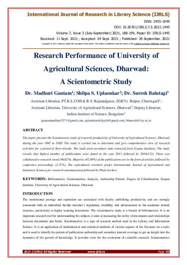 (PDF) Research Performance of University of Agricultural Sciences ...