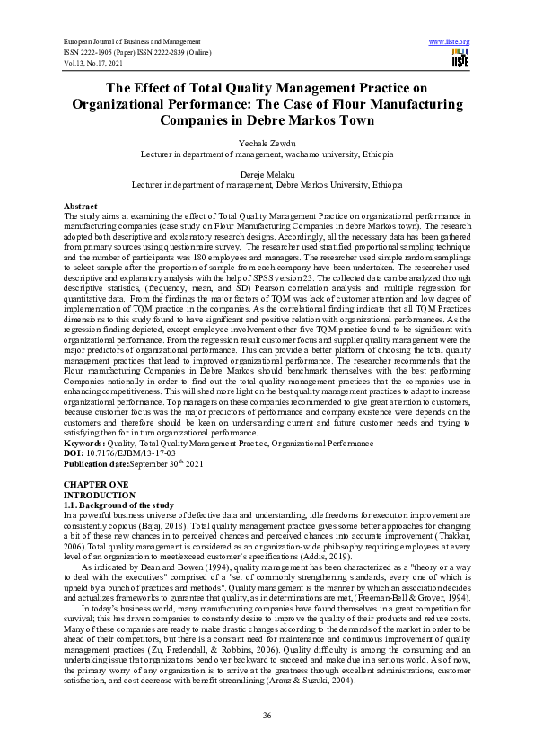 (PDF) The Effect of Total Quality Management Practice on Organizational Performance: The Case of ...