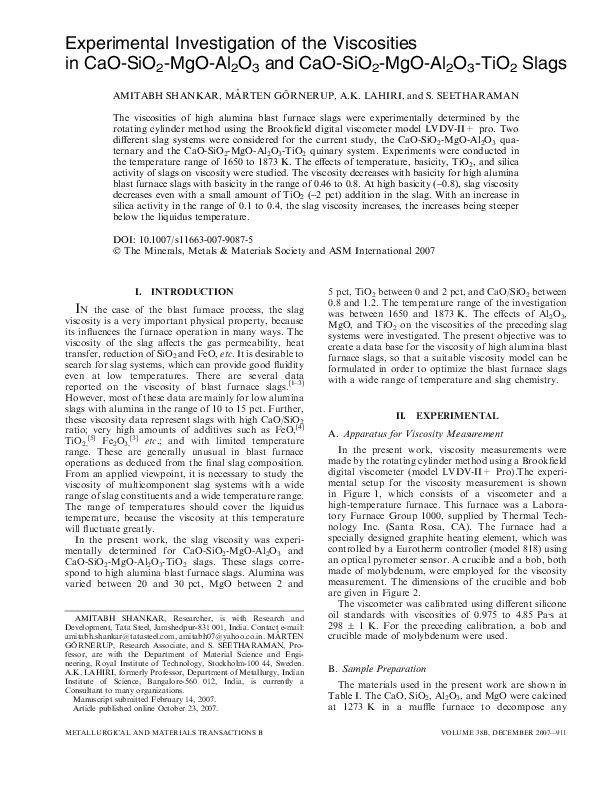 (PDF) Experimental Investigation of the Viscosities in CaO-SiO2-MgO-Al2O3 and CaO-SiO2-MgO-Al2O3 ...
