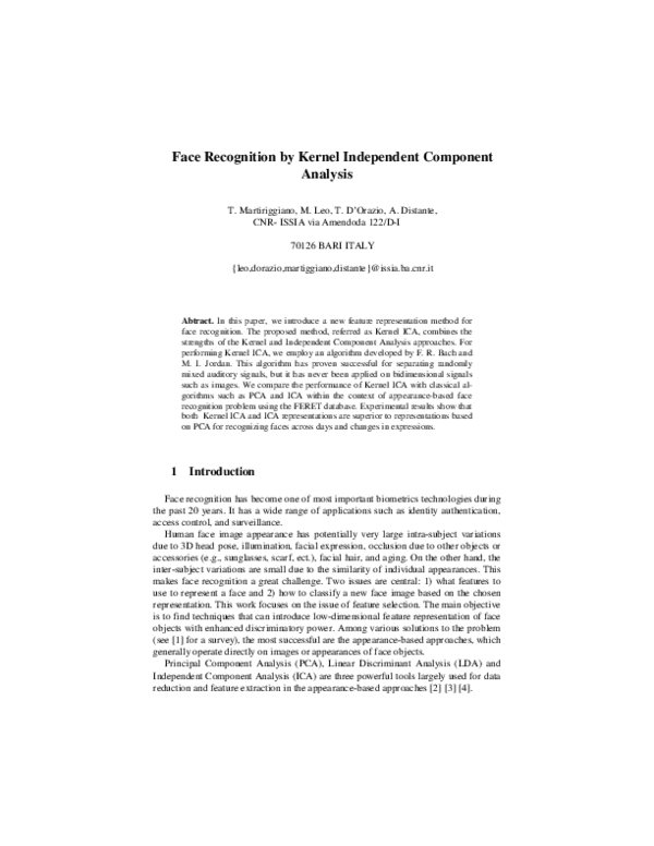 Pdf Face Recognition By Kernel Independent Component Analysis