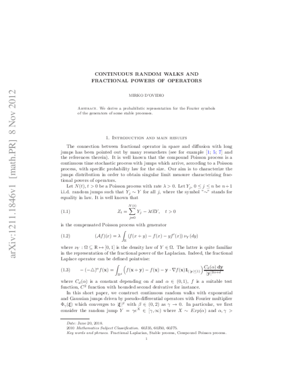 Pdf Continuous Random Walks And Fractional Powers Of Operators