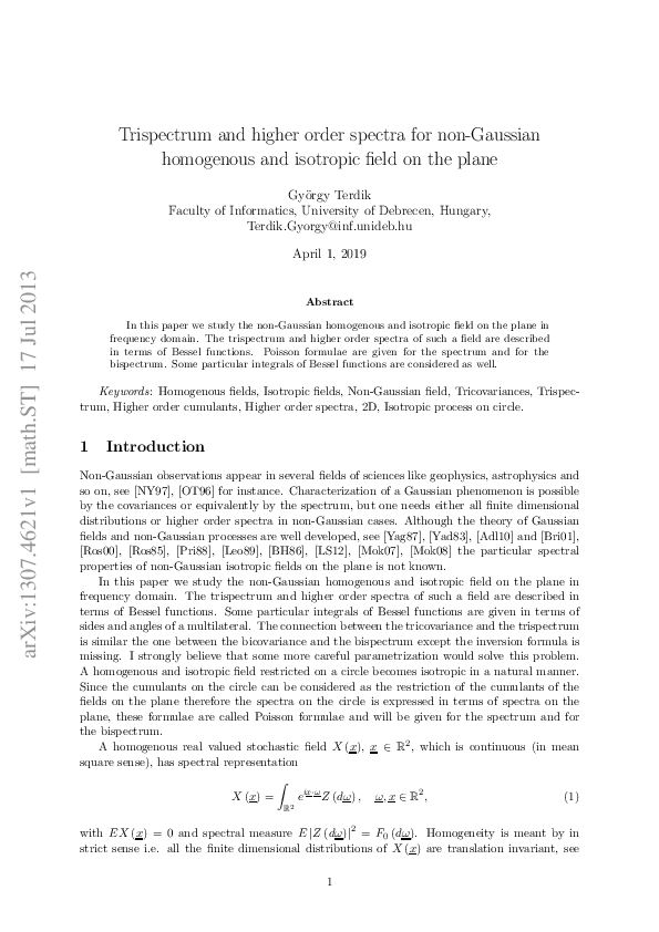 (PDF) Trispectrum and Higher Order Spectra of Non-Gaussian Fields