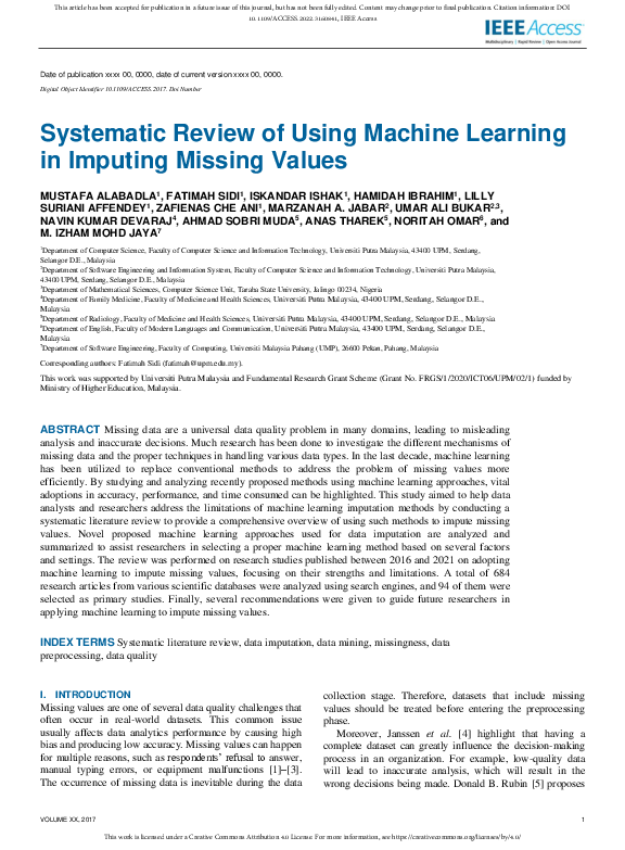 (PDF) Systematic Review of Using Machine Learning in Imputing Missing ... (PDF) Systematic Review of Using Machine Learning in Imputing Missing ...