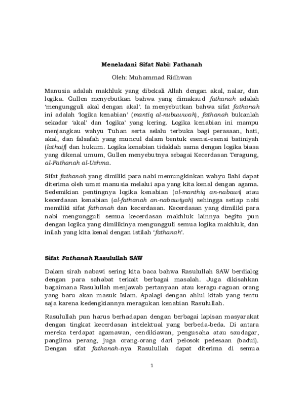 (DOC) Meneladani Sifat Nabi: Fathanah
