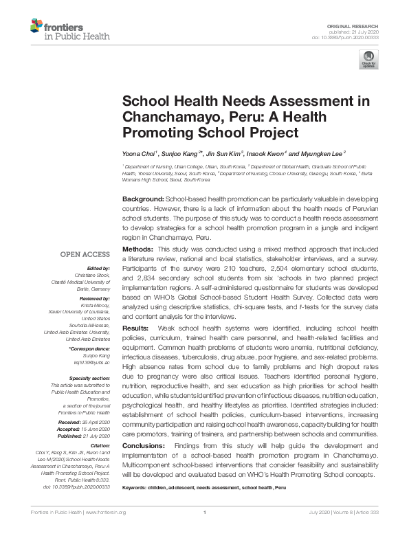 (PDF) School Health Needs Assessment in Chanchamayo, Peru: A Health ...
