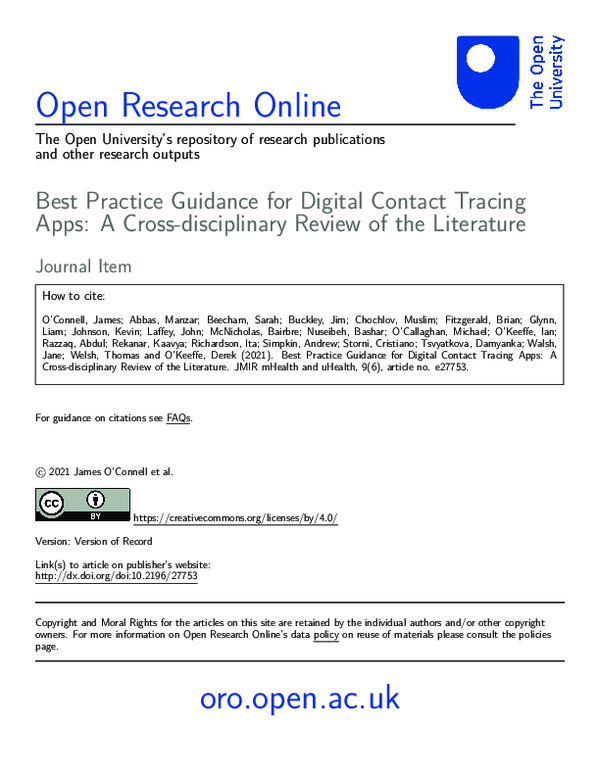 (PDF) Best Practice Guidance for Digital Contact Tracing Apps: A Cross-disciplinary Review of ...