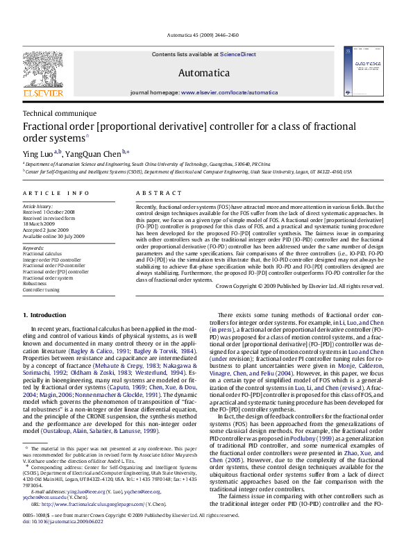 Pdf Fractional Order [proportional Derivative] Controller For A Class Of Fractional Order Systems