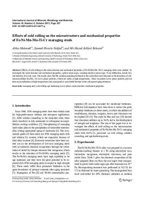 (PDF) Effects of cold rolling on the microstructure and mechanical properties of Fe-Ni-Mn-Mo-Ti ...