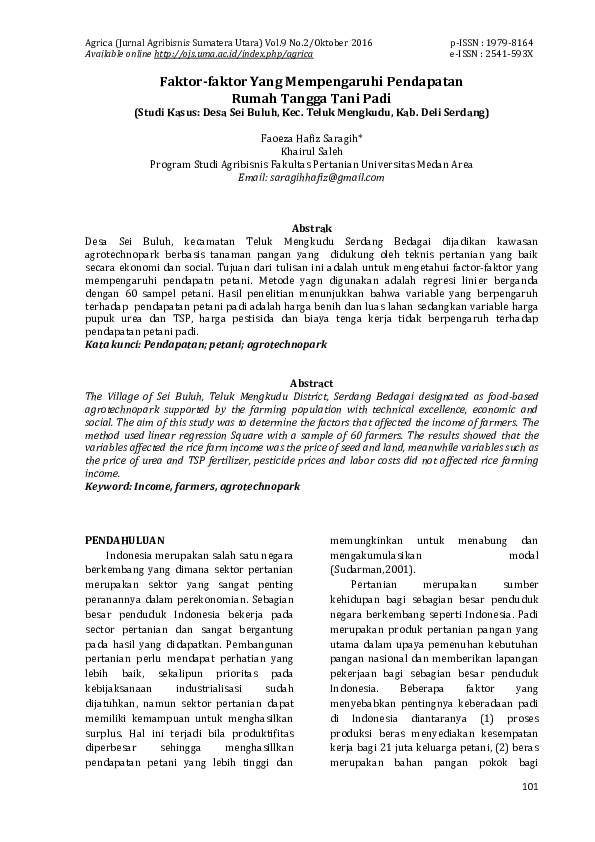 (PDF) Faktor-faktor yang Mempengaruhi Pendapatan Rumah Tangga Tani Padi