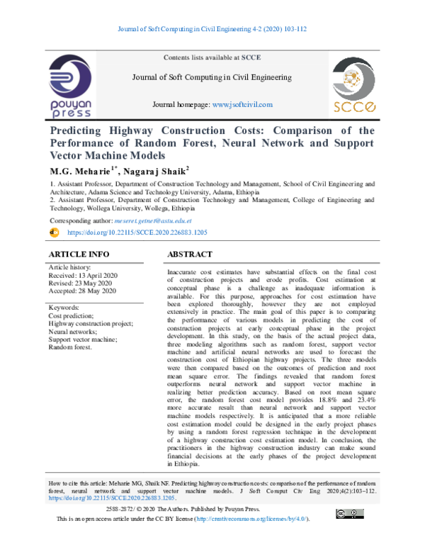 Pdf Predicting Highway Construction Costs Comparison Of The Performance Of Random Forest